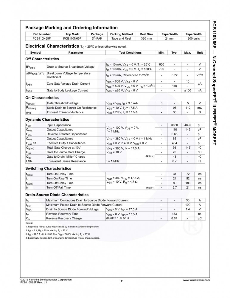 FCB110N65F datasheet page 3