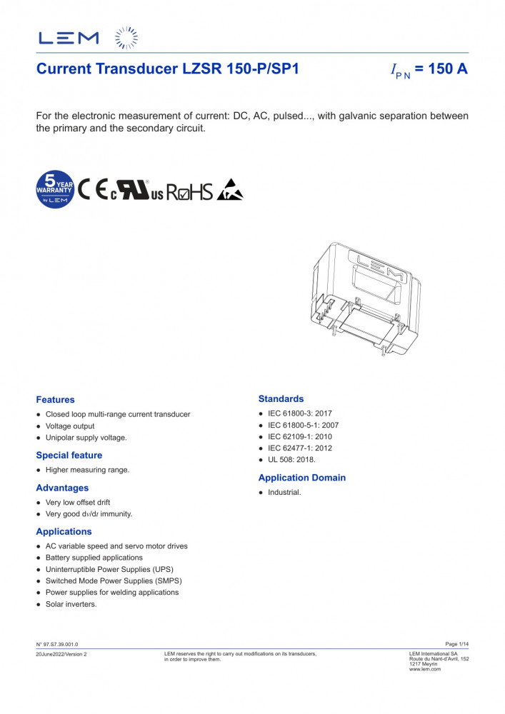 LZSR150-P/SP1 datasheet page 1