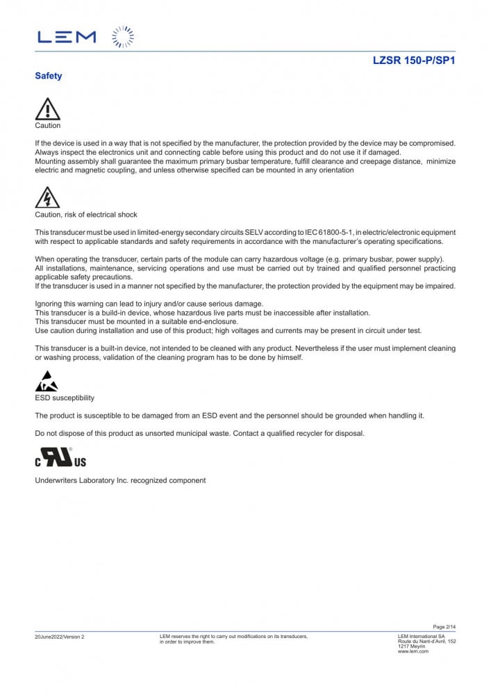 LZSR150-P/SP1 datasheet page 2