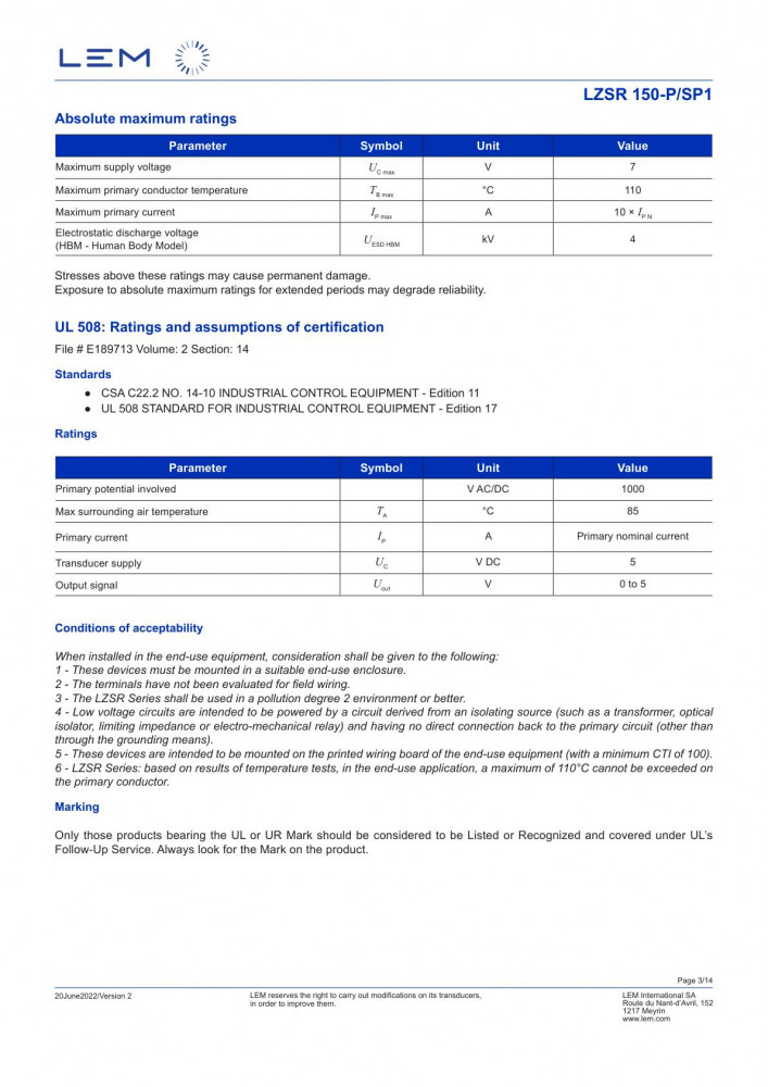 LZSR150-P/SP1 datasheet page 3