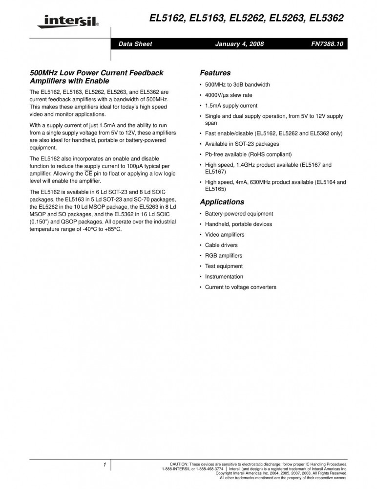 EL5262IY datasheet page 1
