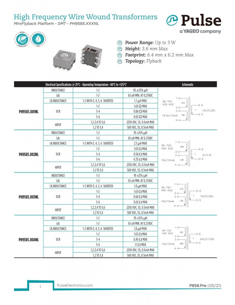 PH9585 series electrical specifications