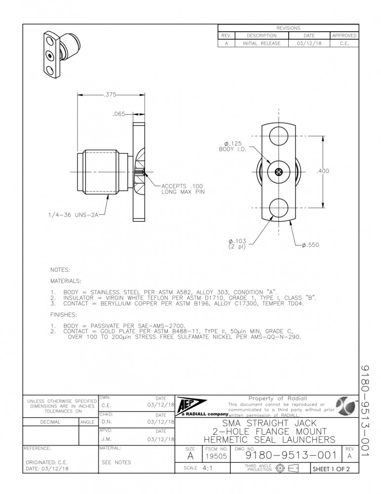 Radiall drawing 9180-9513-001, sheet 1 of 2