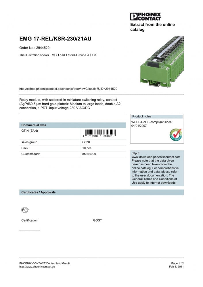Phoenix Contact 2944520 technical document page 1