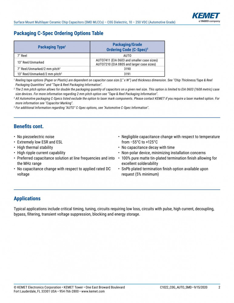 KEMET C0G automotive MLCC datasheet page 2