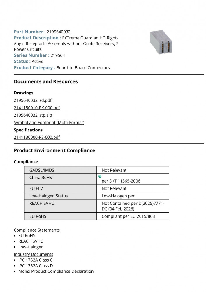 MOLEX 2195640032 technical document preview, page 1