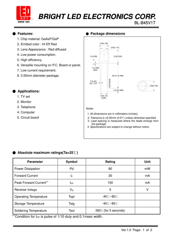 BL-B45V1T datasheet page 1