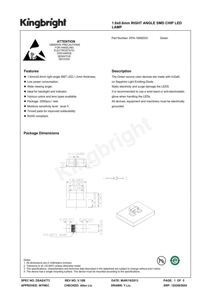 KPA-1606ZGC datasheet page 1