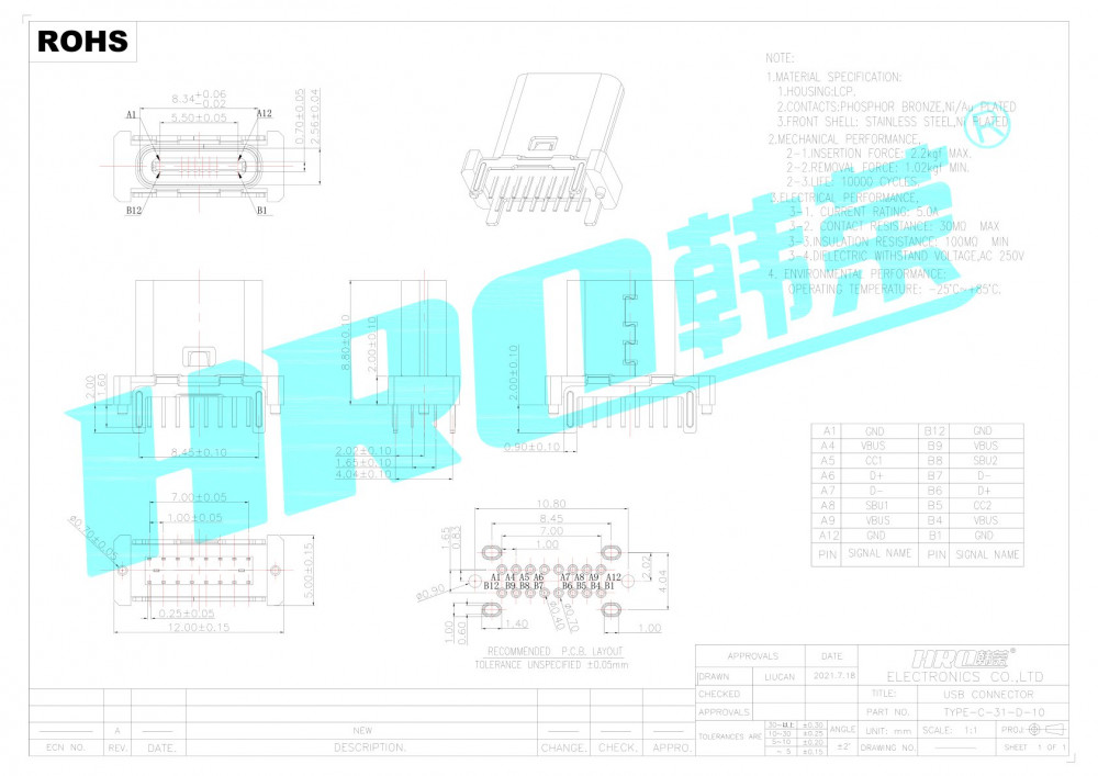 TYPE-C-31-D-10 USB connector technical drawing