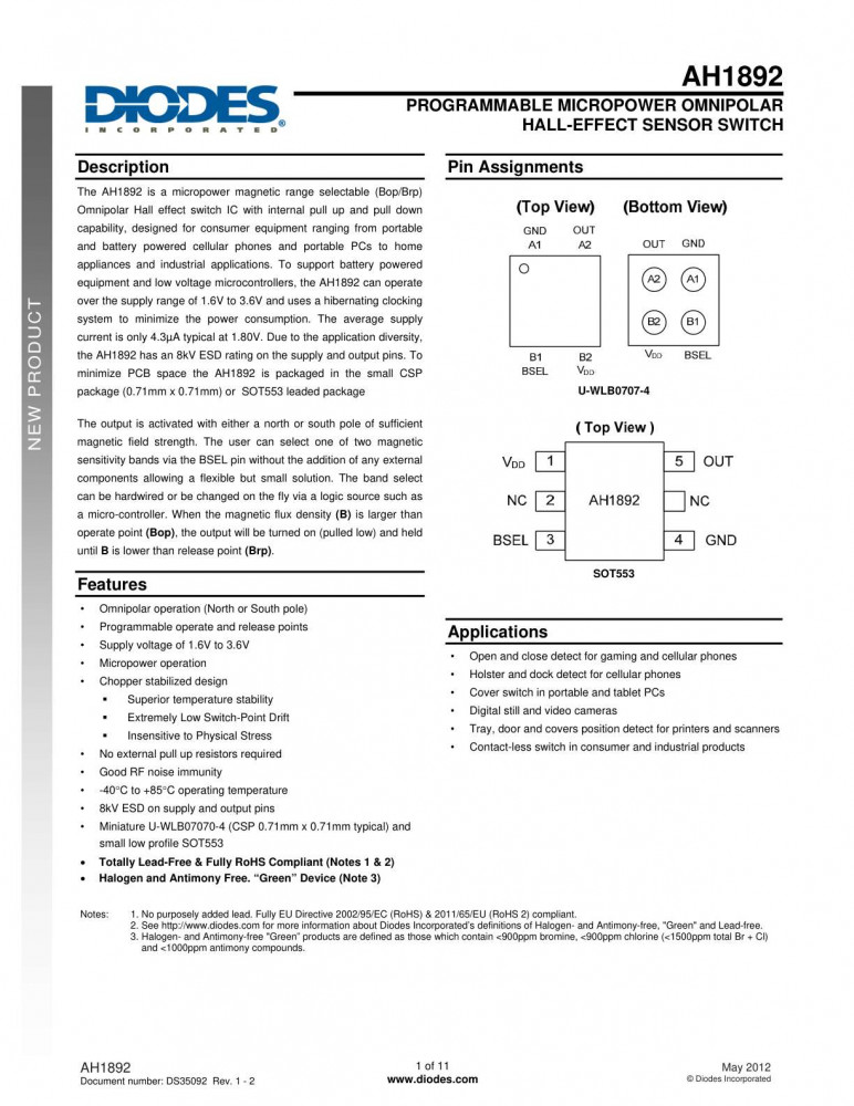 AH1892 datasheet page 1