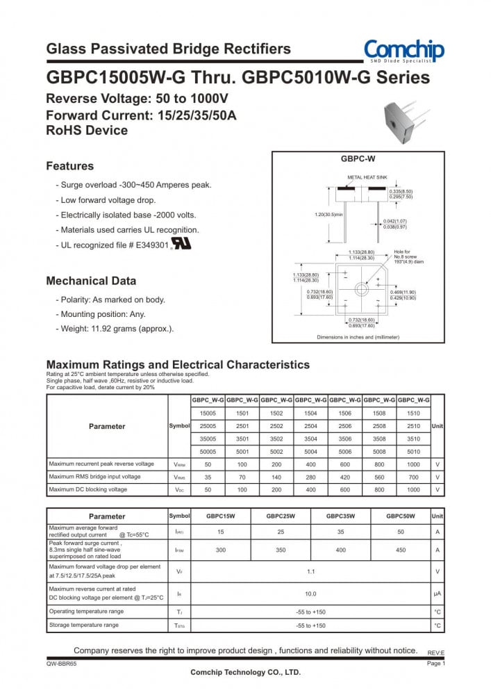 GBPC1501W-G datasheet page 1