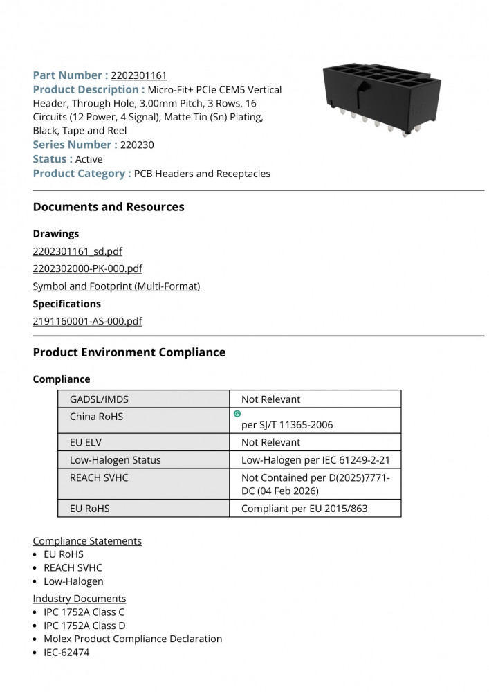 MOLEX 2202301161 product document page 1