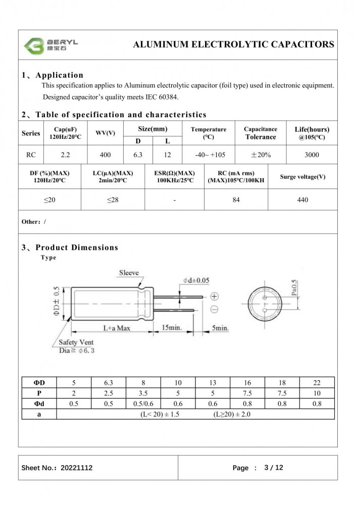 BERYL specification sheet page 3
