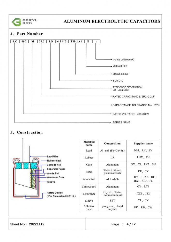 BERYL specification sheet page 4