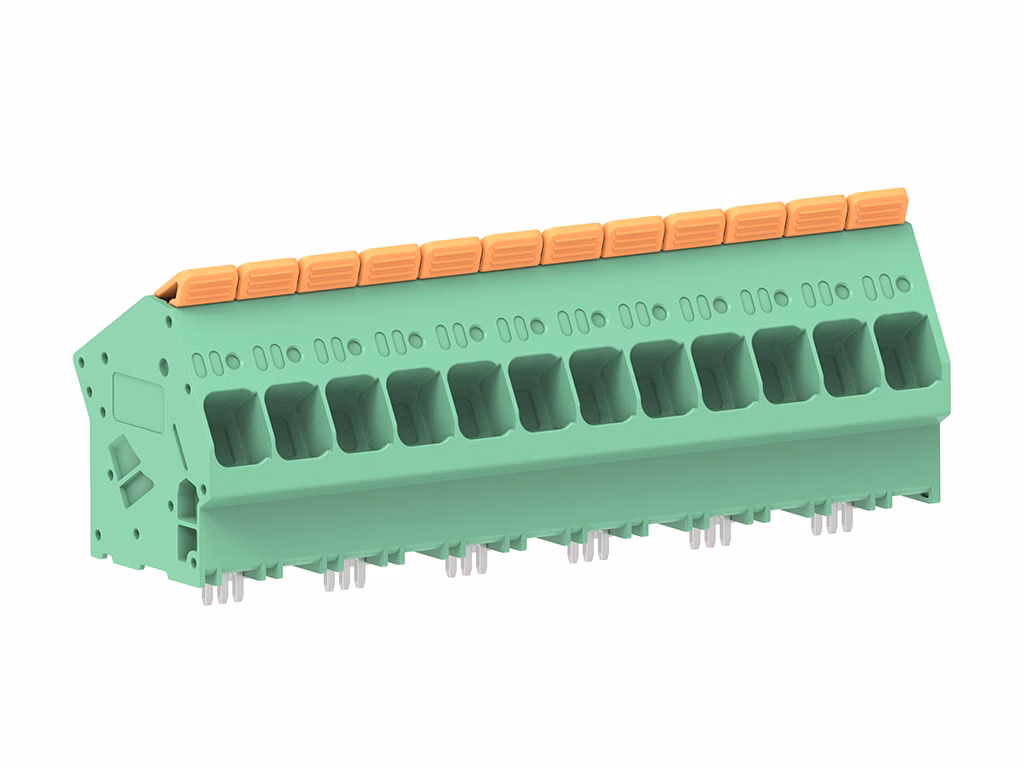 10.00mm Pitch Lever Activated Fixed Mount PCB Terminal Block, 35° Wire Entry, Left Front Terminal, 12 Circuits for sale