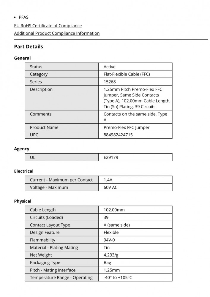 MOLEX 1.25 mm pitch FFC family specification, document page 2