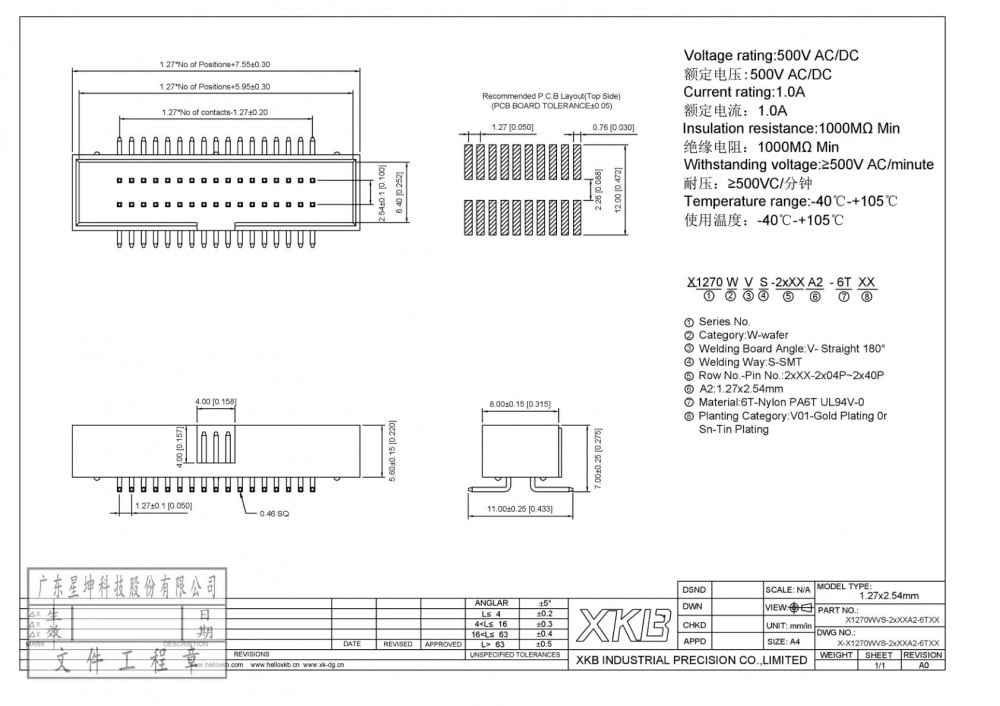 X1270WVS-2x25A2-6TV01 technical drawing and recommended PCB layout