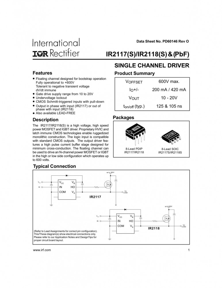 IR2118SPBF technical document page 1