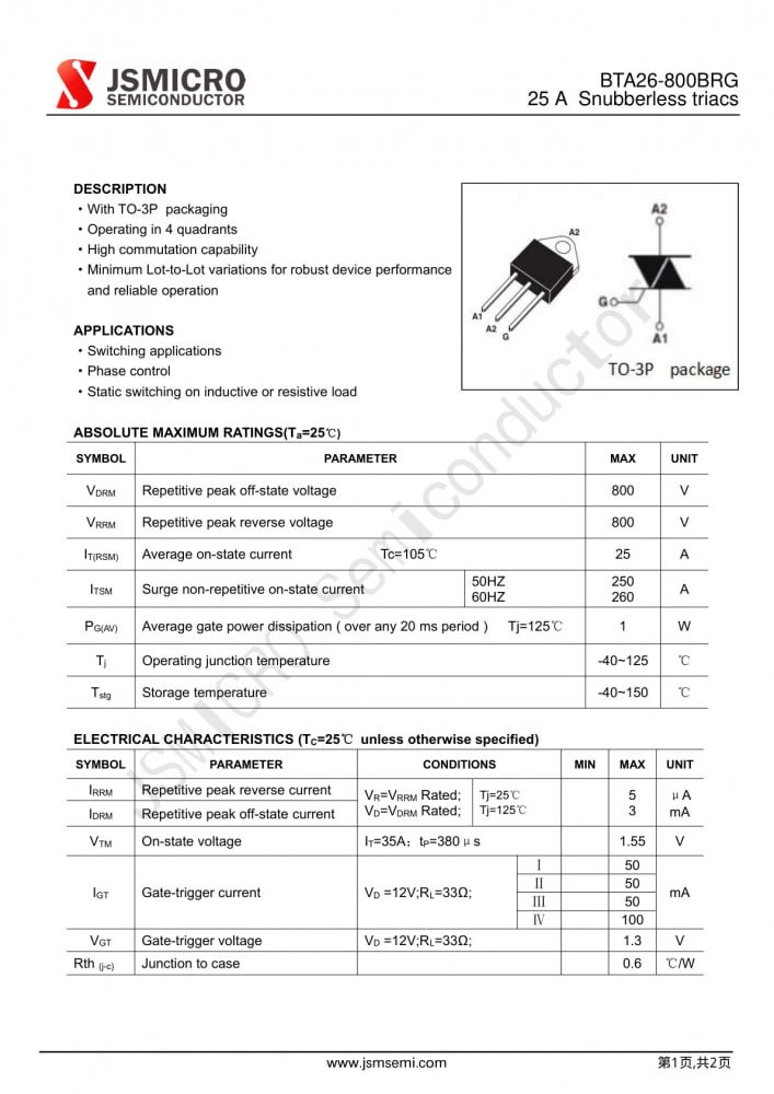 BTA26-800BRG datasheet page 1