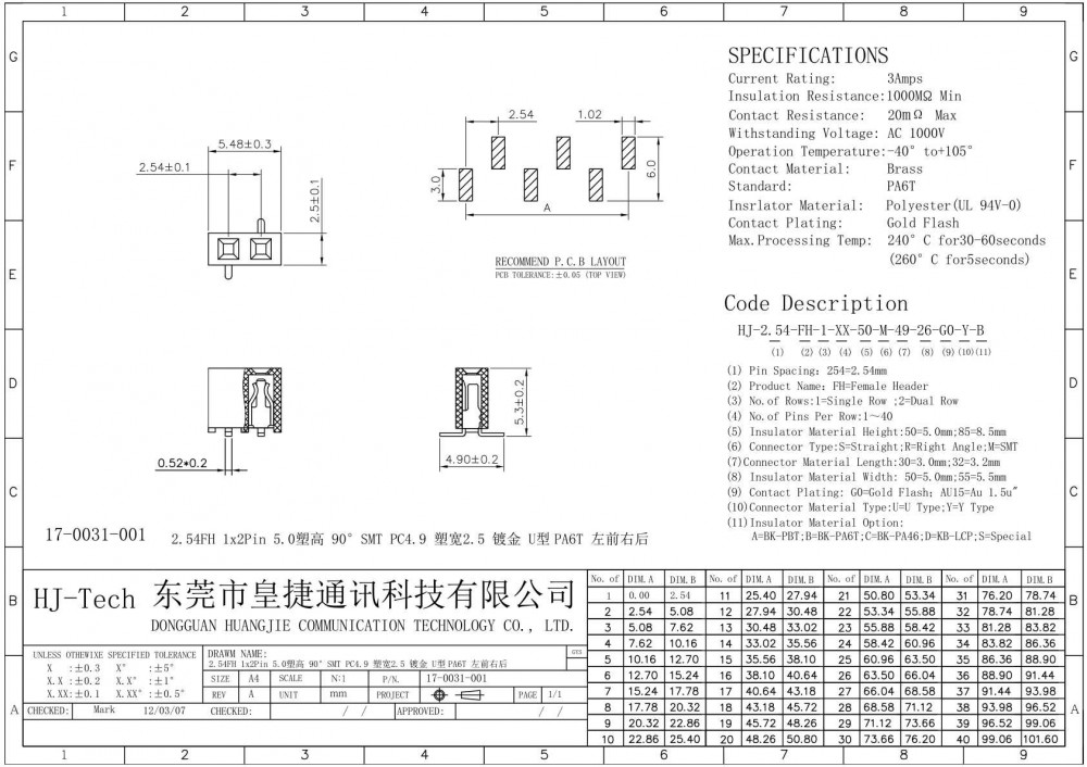 HJ Tech 17-0031-001 technical drawing page