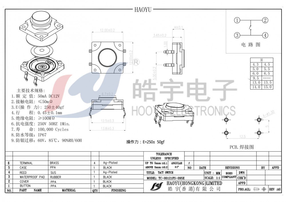 HOOYA TC-00121FS-095E technical drawing and specifications