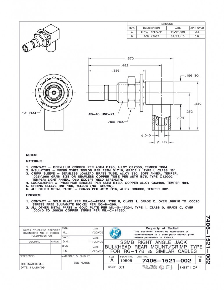 Radiall 7406-1521-002 SSMB right-angle bulkhead jack drawing