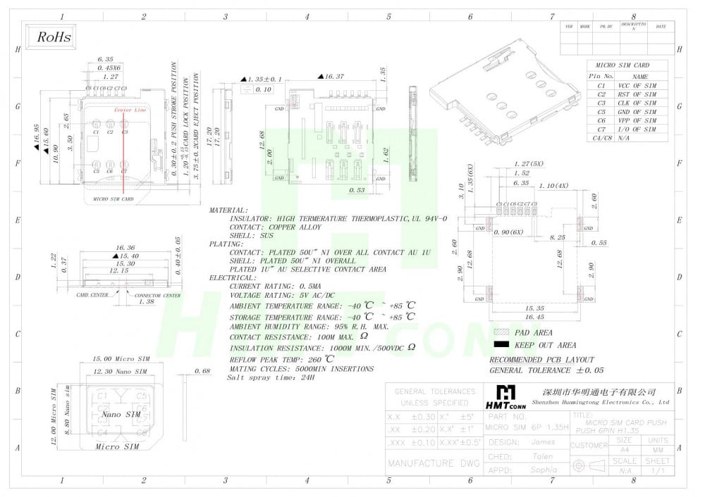MICRO SIM 6P 1.35H technical drawing page 1