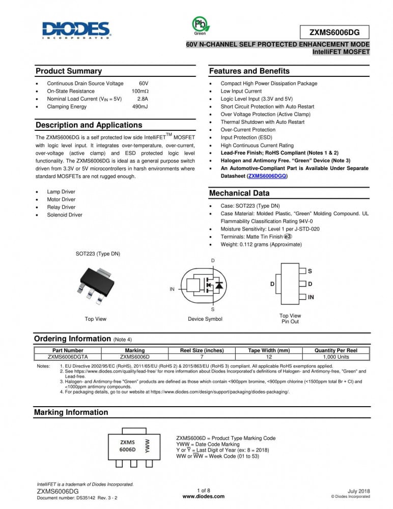 ZXMS6006DGTA datasheet page 1