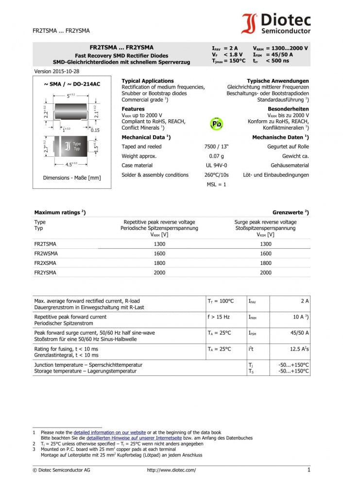 DIOTEC FR2WSMA datasheet page 1