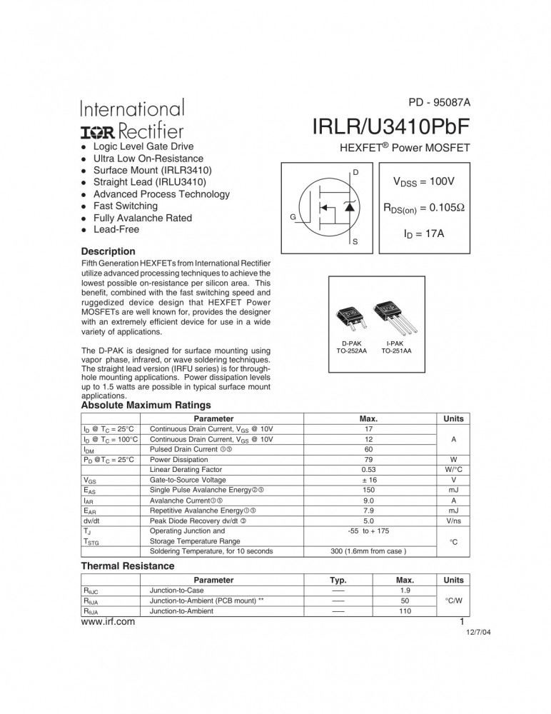IRLR3410 datasheet page 1