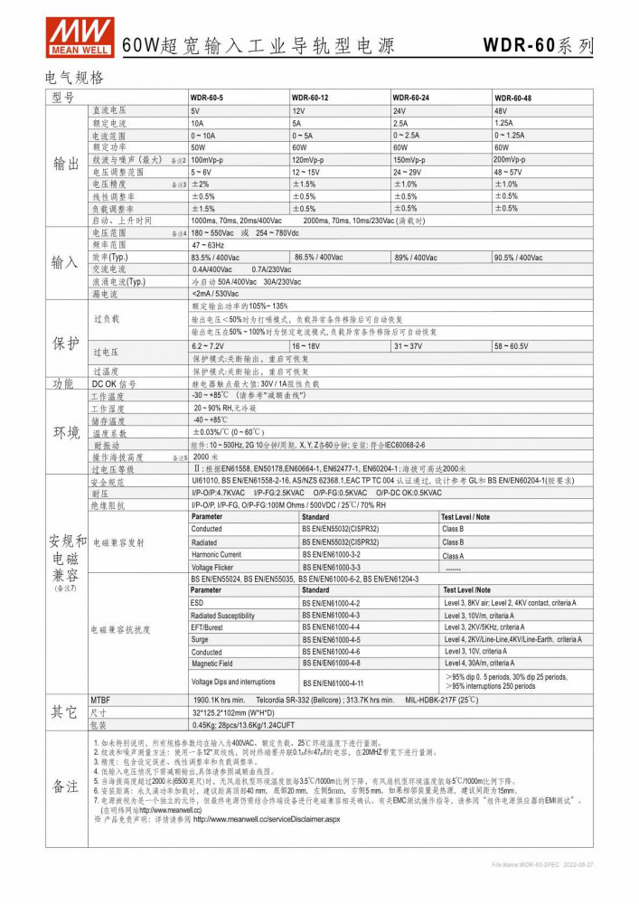 MEAN WELL WDR-60-48 electrical specifications