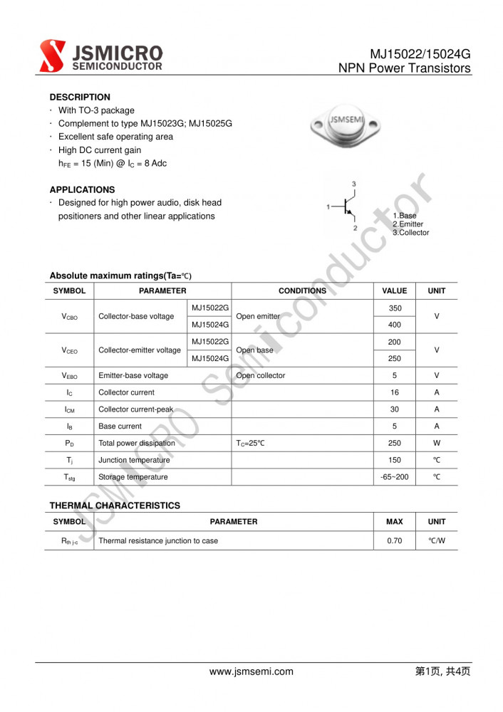MJ15022G-JSM datasheet page 1