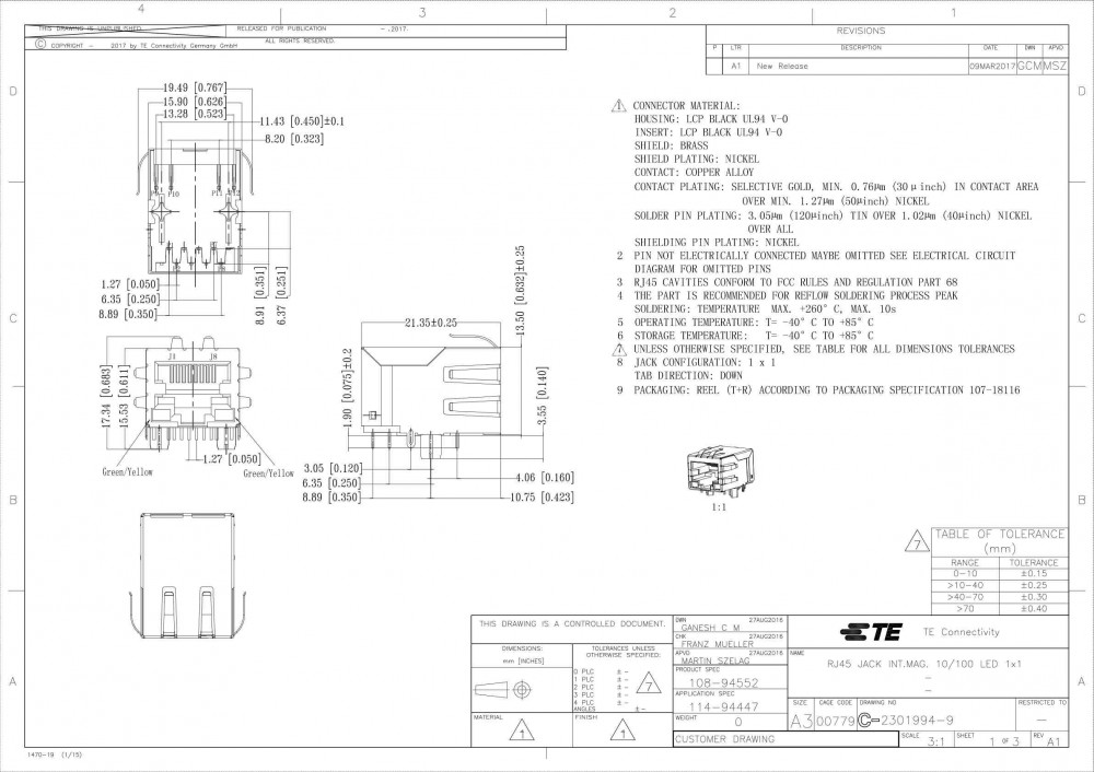 TE Connectivity 2301994-9 technical drawing page 1