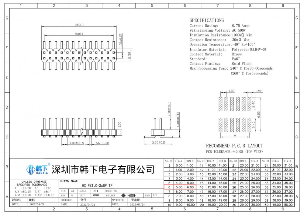 HX PZ1.0-2x6P TP technical drawing