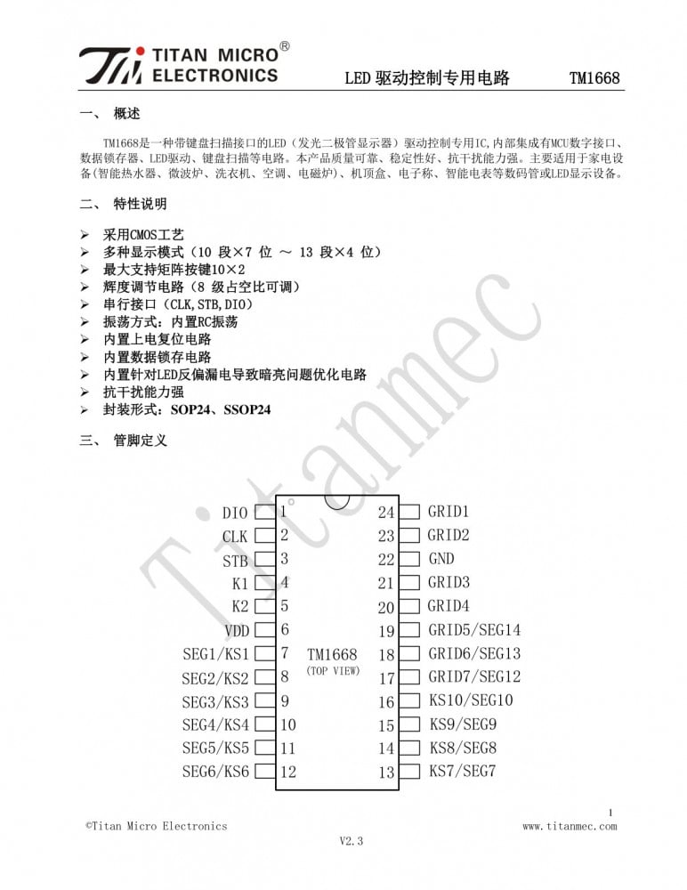 TM1668 datasheet page 1