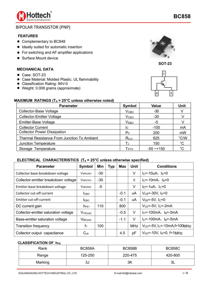 BC858A datasheet page 1