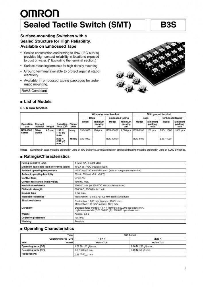 OMRON B3S series datasheet page 1