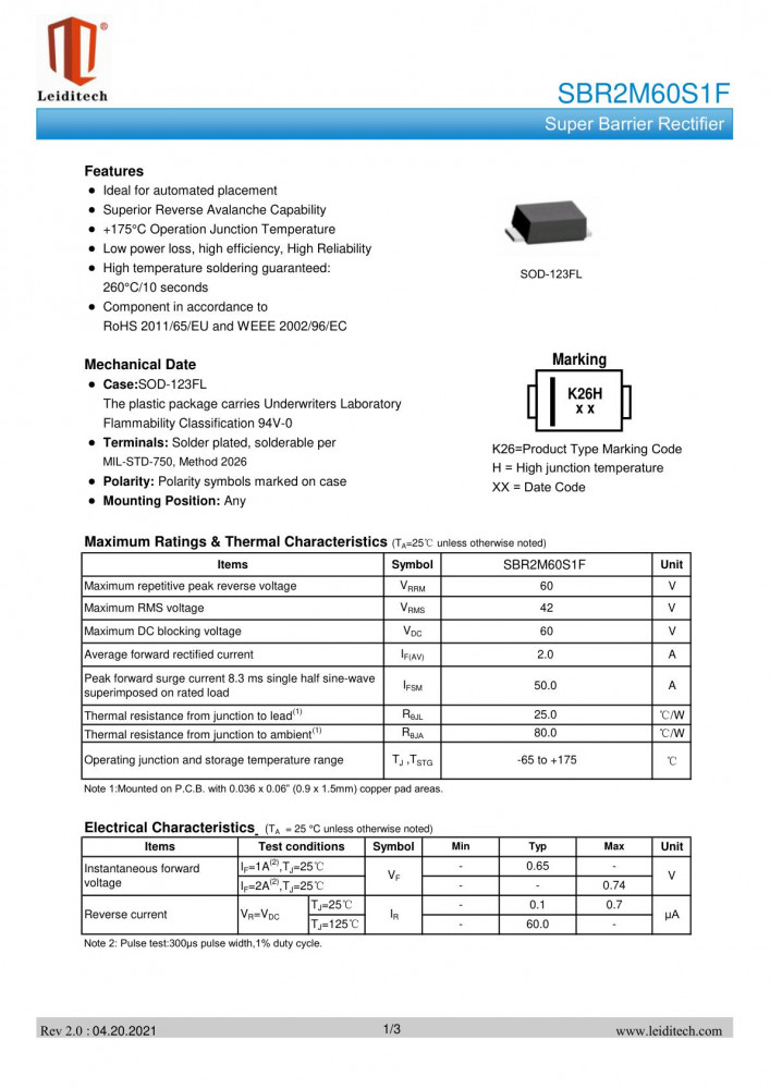 SBR2M60S1F datasheet page 1