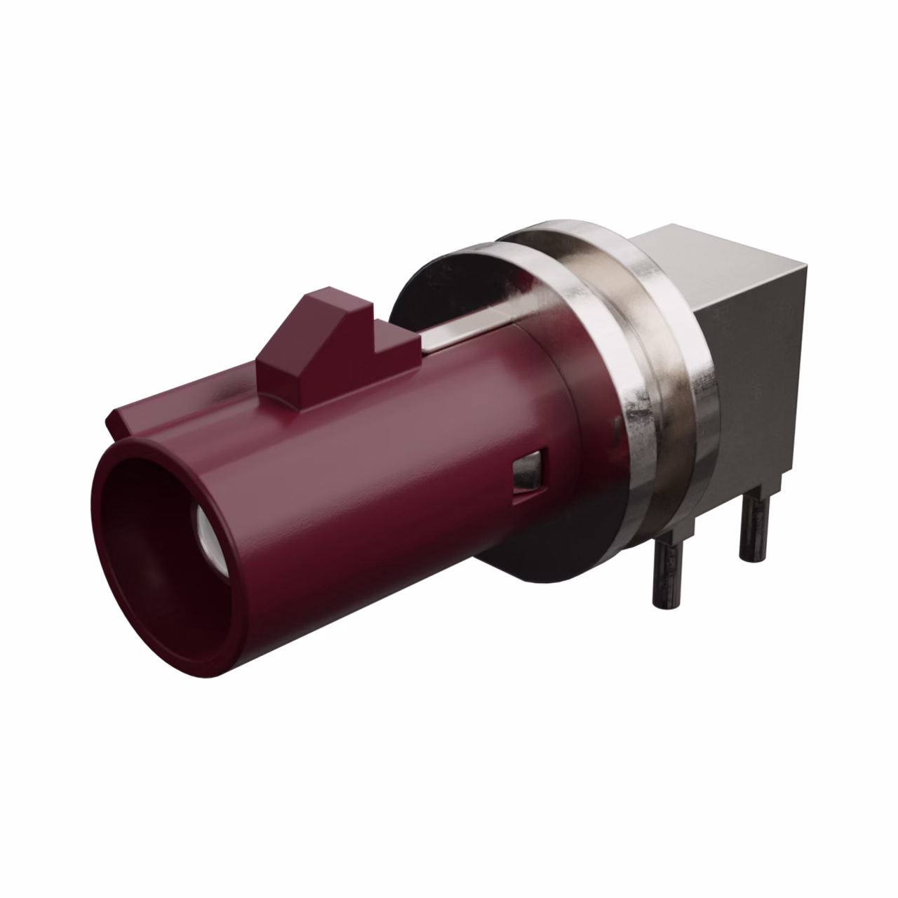 FAKRA Jack, Right-Angle, PCB Receptacle, Through Hole, Die Cast Body, Tin (Sn) Plated, Kinked Tail, Keying Code D, Bordeaux Violet, Tray, 50 Ohms for sale