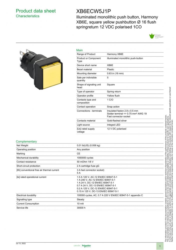 XB6ECW5J1P technical document page 1