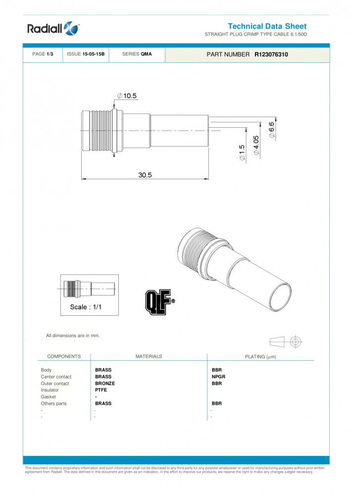 Radiall R123076310 QMA connector datasheet, page 1