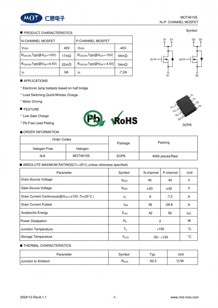 MOT4615S datasheet page 1