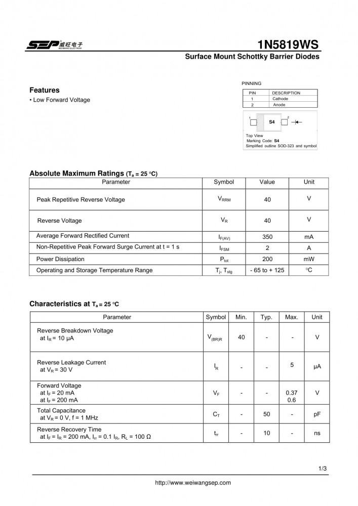 SEP 1N5819WS S4 datasheet page 1