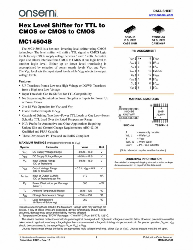 MC14504B product documentation page 1
