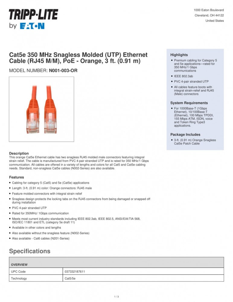 EATON N001-003-OR technical document page 1