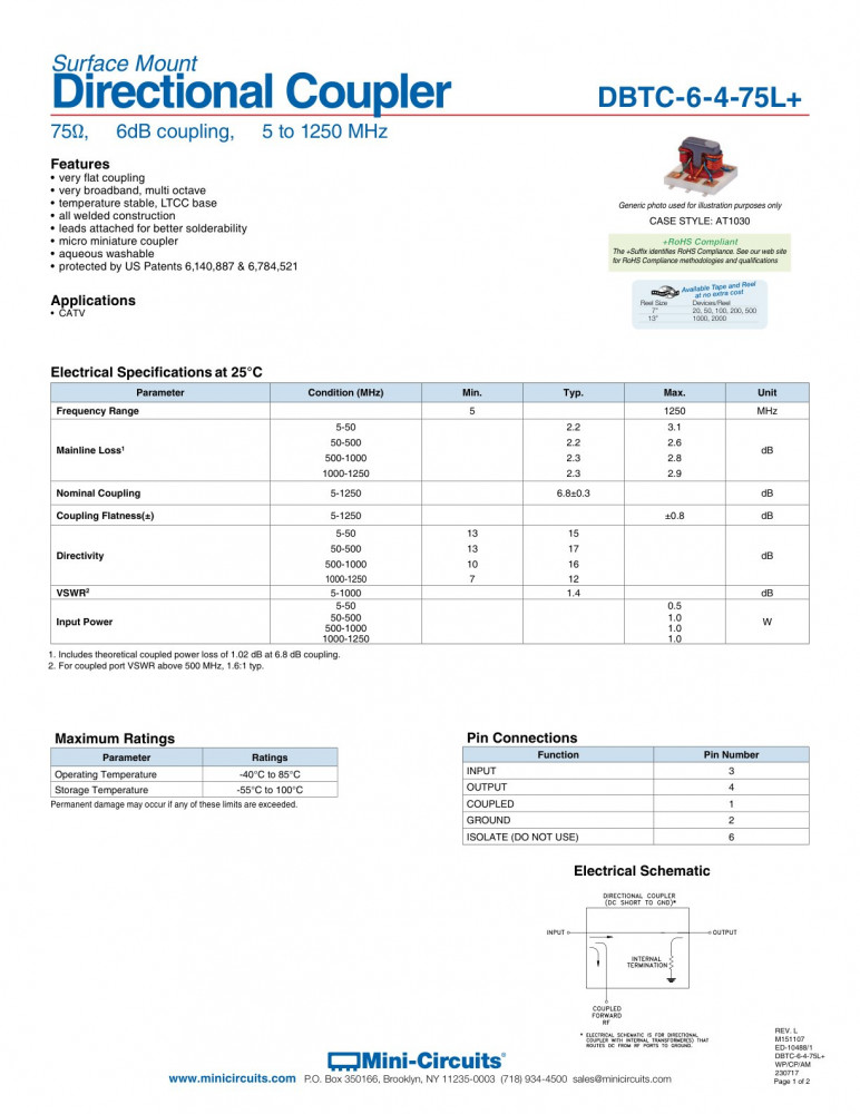 DBTC-6-4-75L+ technical datasheet page 1