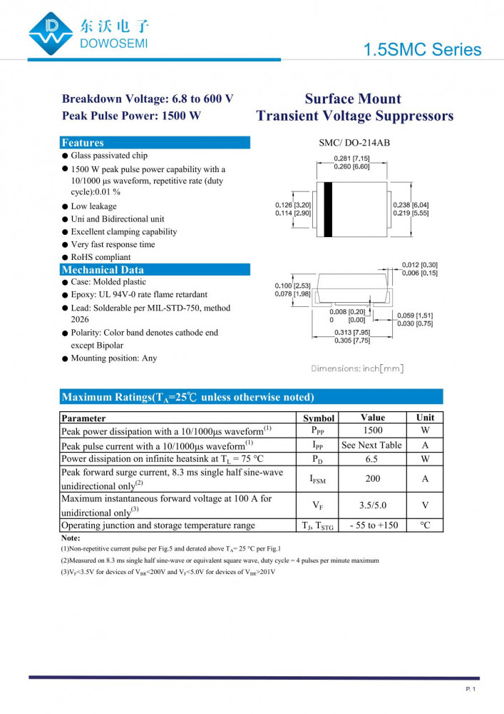 DOWO 1.5SMC400A datasheet page 1