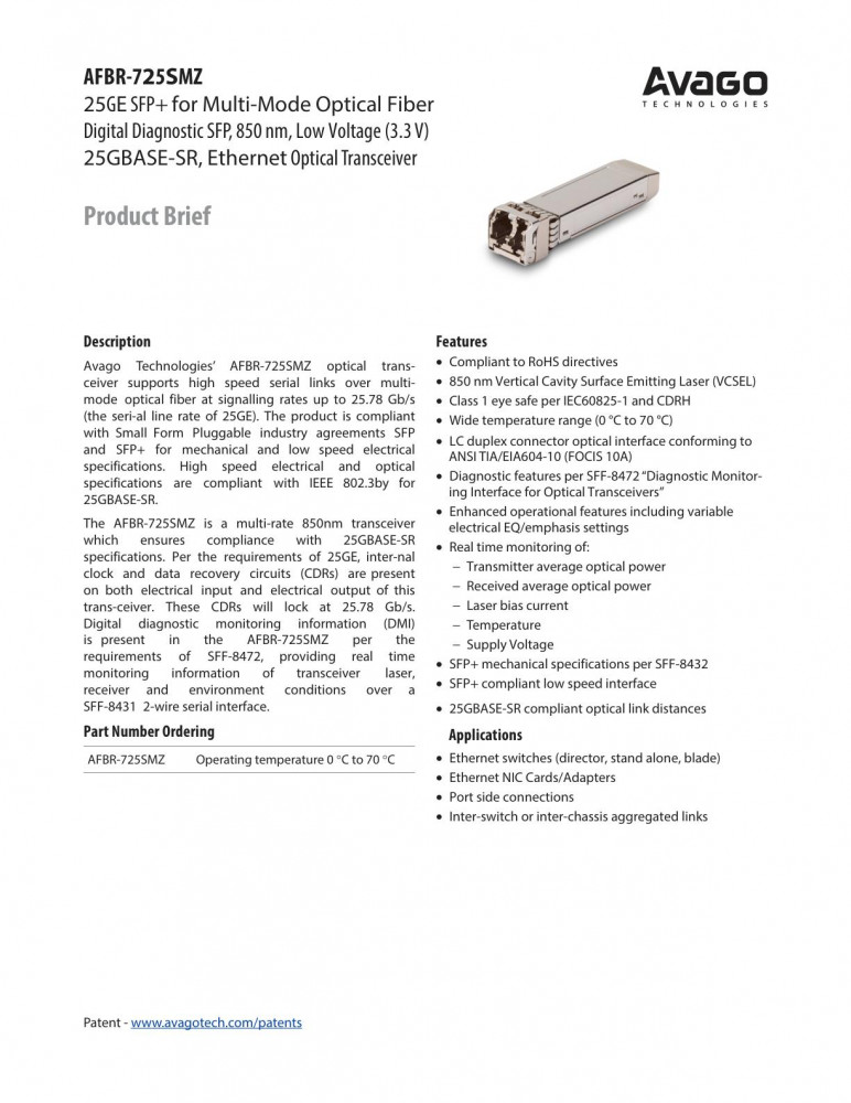 AFBR-725SMZ technical document page 1