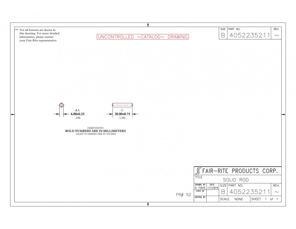 Fair-Rite 4052235211 solid rod drawing