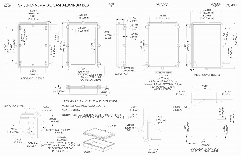 IPS-3933 manufacturer drawing showing enclosure and mechanical details